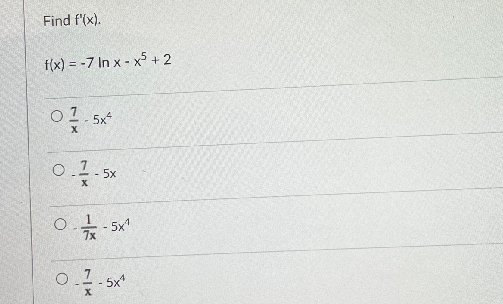 Solved Find F x f x 7lnx x5 27x 5x4 7x 5x 17x 5x4 7x 5x4 Chegg