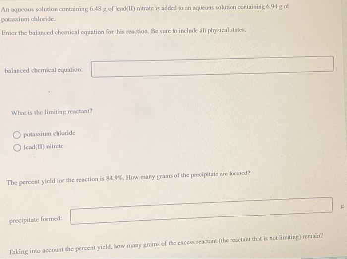 Solved An aqueous solution containing 6.48 g of lead(II) | Chegg.com