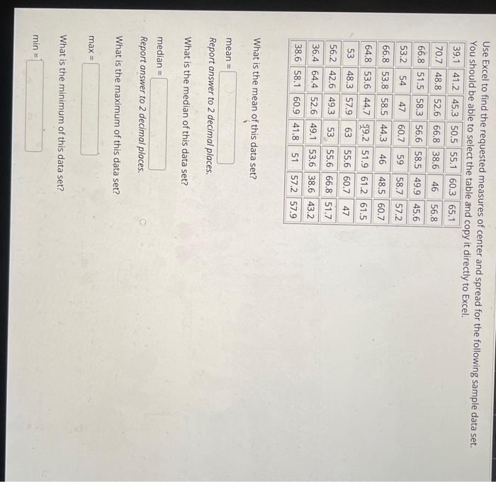 Solved Use Excel to find the requested measures of center | Chegg.com