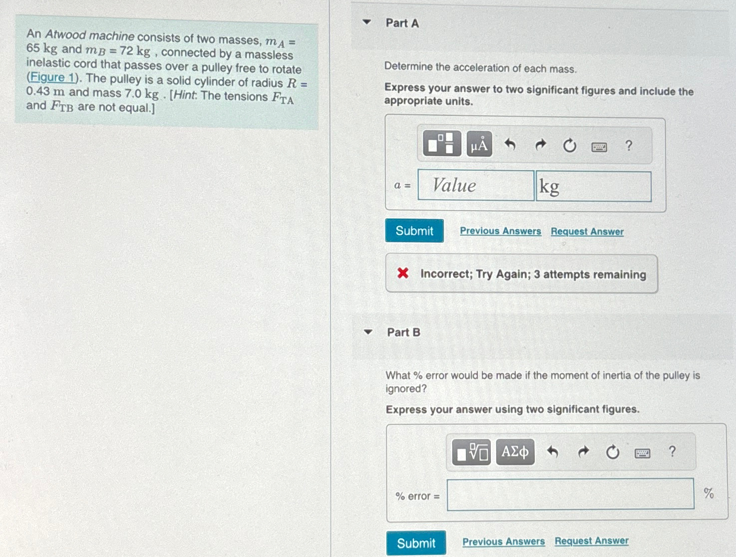 Solved An Atwood machine consists of two masses, mA= 65kg | Chegg.com