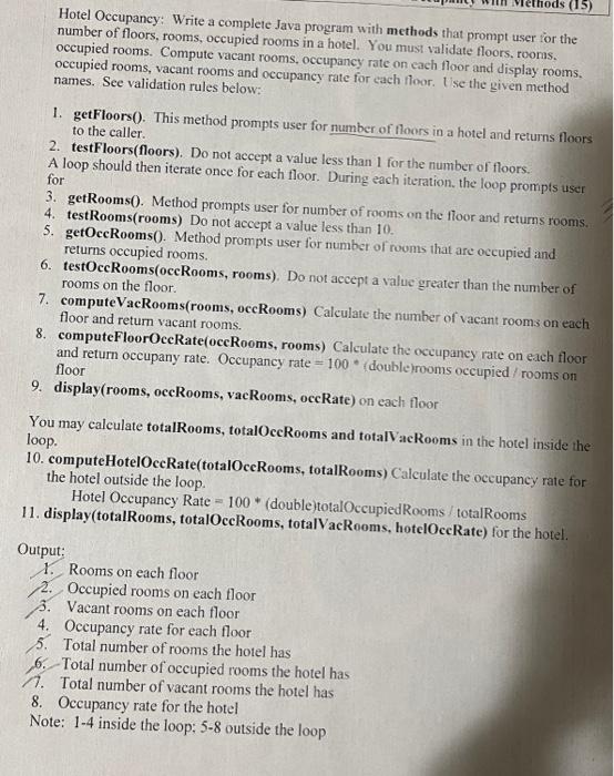 Solved Hotel Occupancy: Write a complete Java program with | Chegg.com