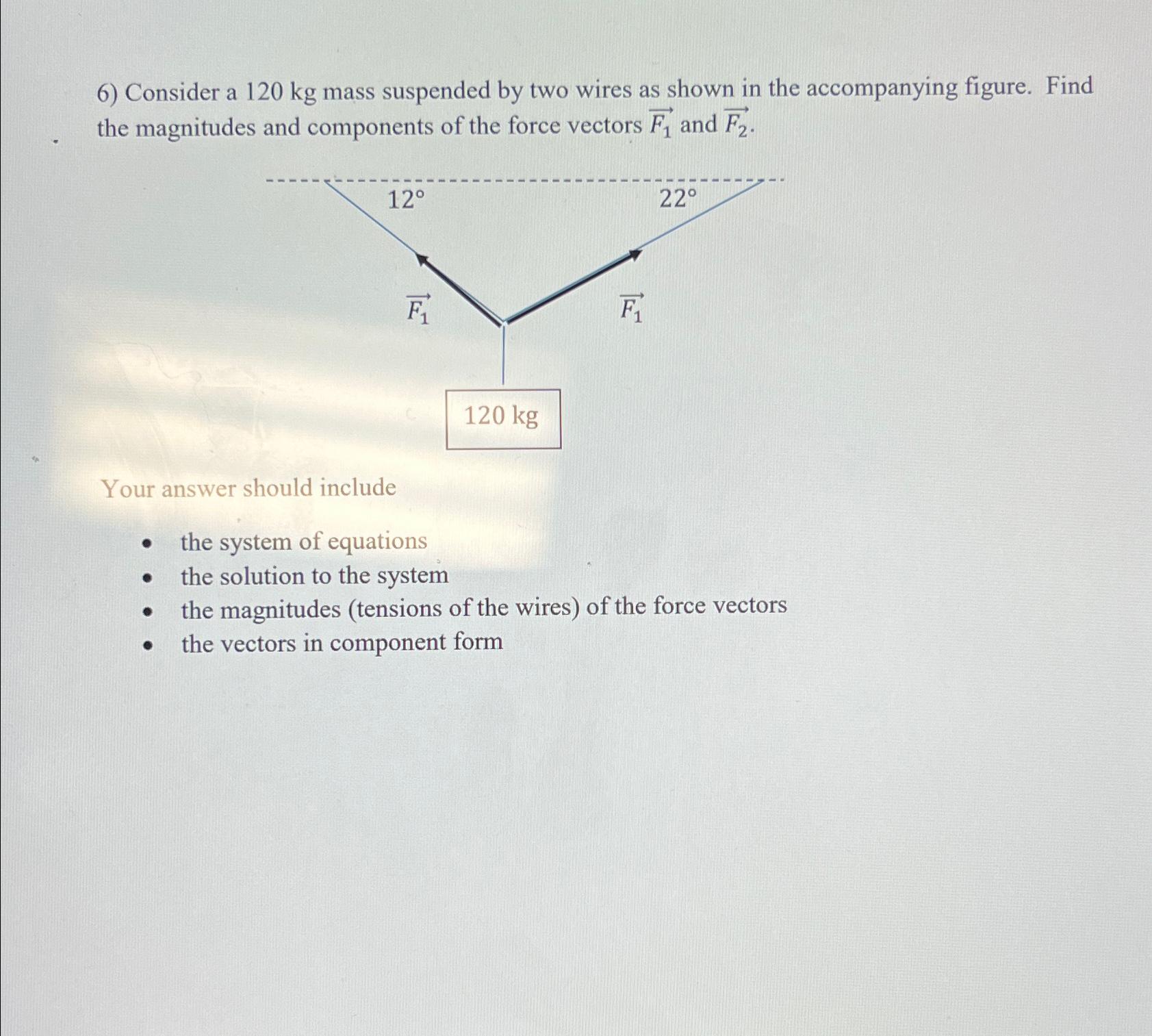 Solved Consider a 120kg ﻿mass suspended by two wires as | Chegg.com