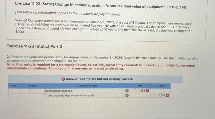 Solved Exercise 11-23 (Static) Change in estimate; useful | Chegg.com