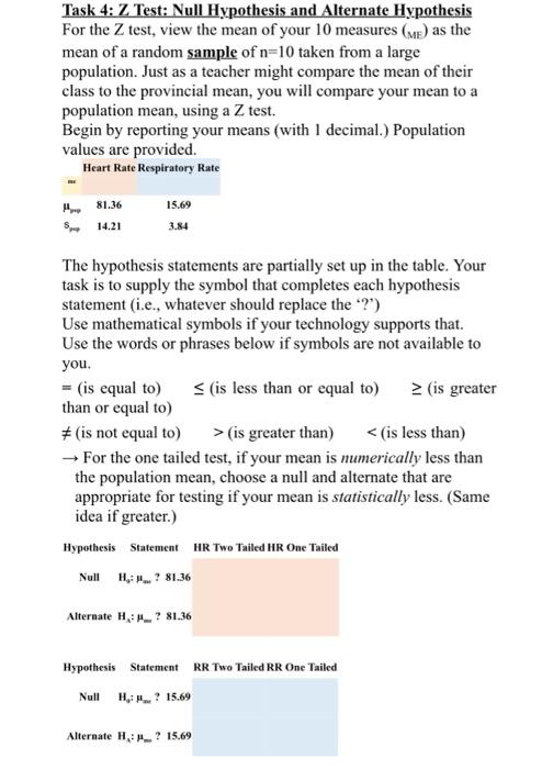 Solved Task 4: Z Test: Null Hypothesis and Alternate | Chegg.com