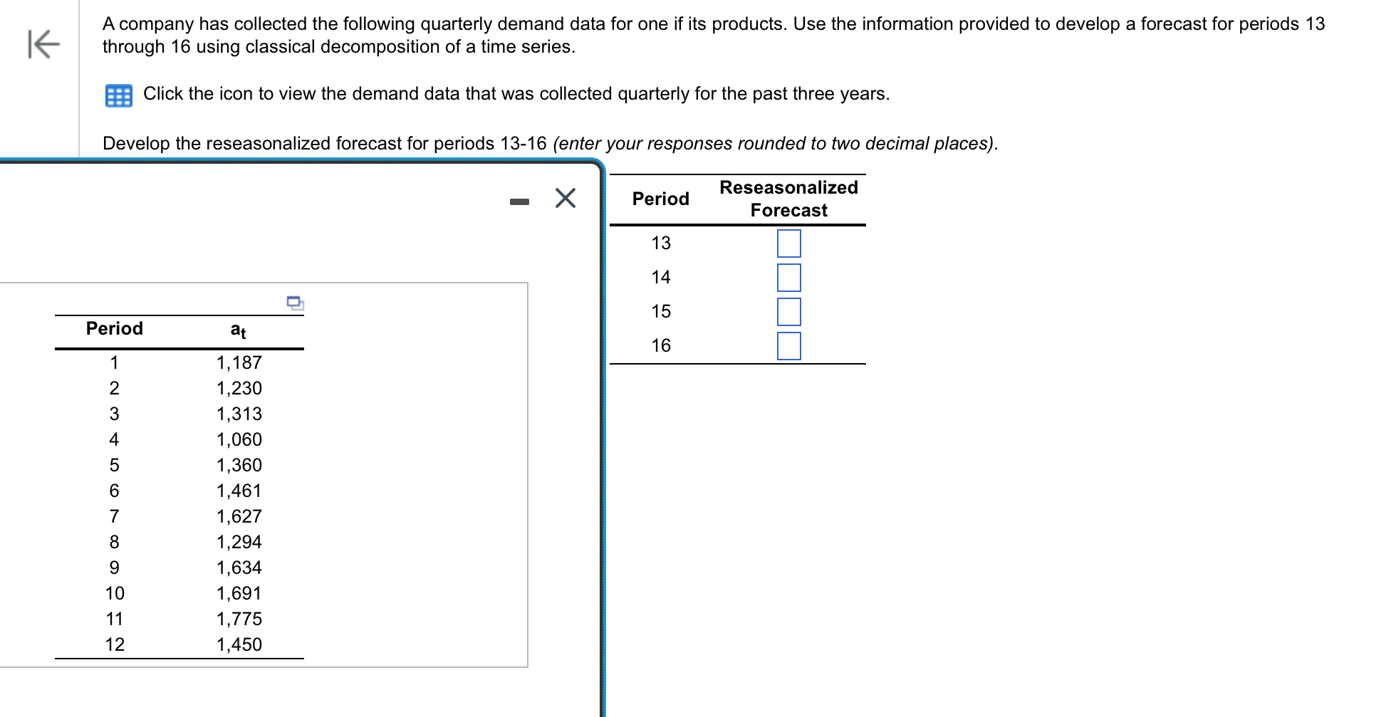 Solved A company has collected the following quarterly | Chegg.com