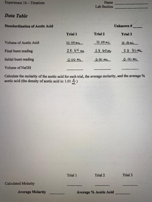 Experiment 10 - Titrations Name Lab Section Data | Chegg.com
