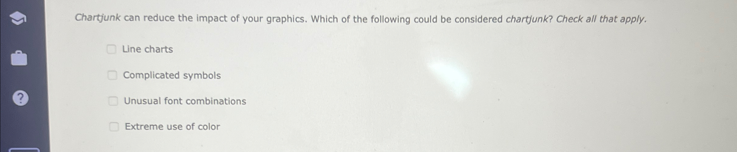 Solved Chartjunk can reduce the impact of your graphics. | Chegg.com