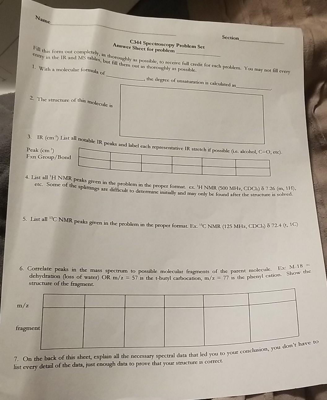 Solved Name Section C344 Spectroscopy Problem Set Answer | Chegg.com