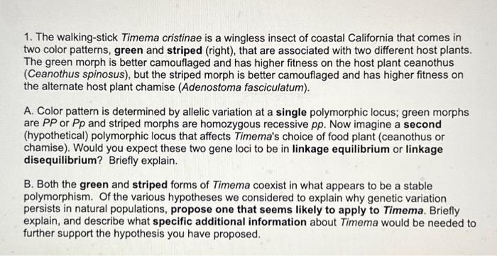 Solved 1. The walking-stick Timema cristinae is a wingless | Chegg.com