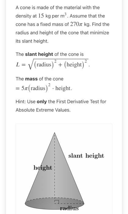 Solved A cone is made of the material with the density at 15 | Chegg.com