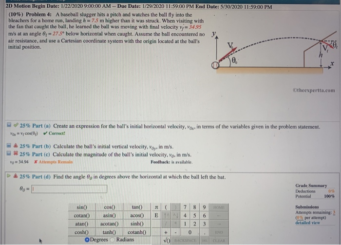 Solved 2D Motion Begin Date: 1/22/2020 9:00:00 AM - Due | Chegg.com