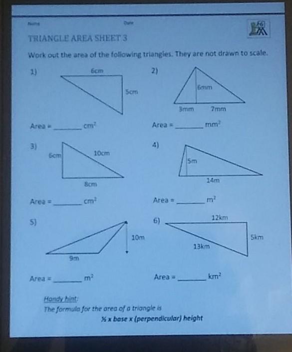 Solved TRIANGLE AREA SHEET 3 Work out the area of the | Chegg.com