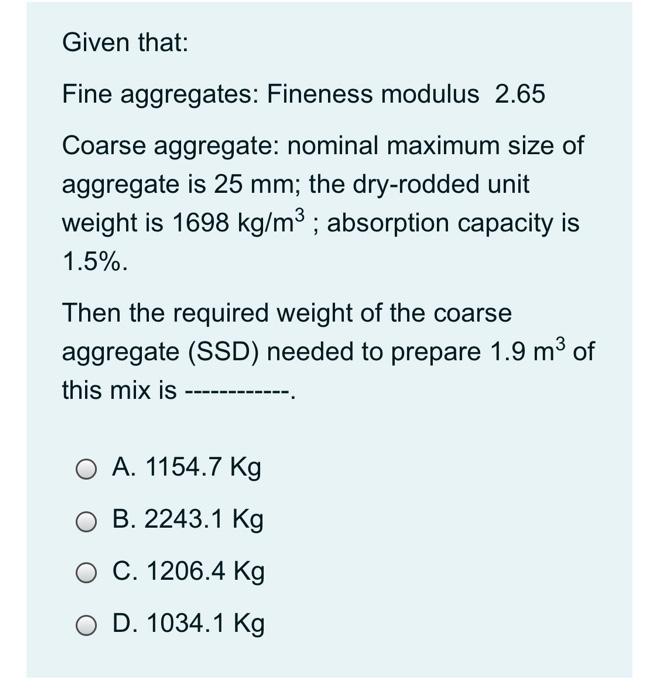 Solved Given that: Fine aggregates: Fineness modulus 2.65 | Chegg.com