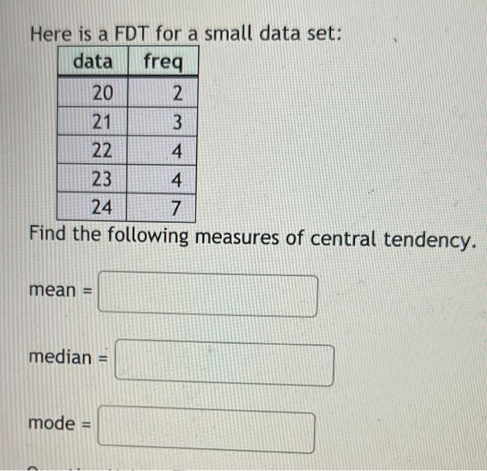Solved Here is a FDT for a small data set: data freq 20 2 21 | Chegg.com