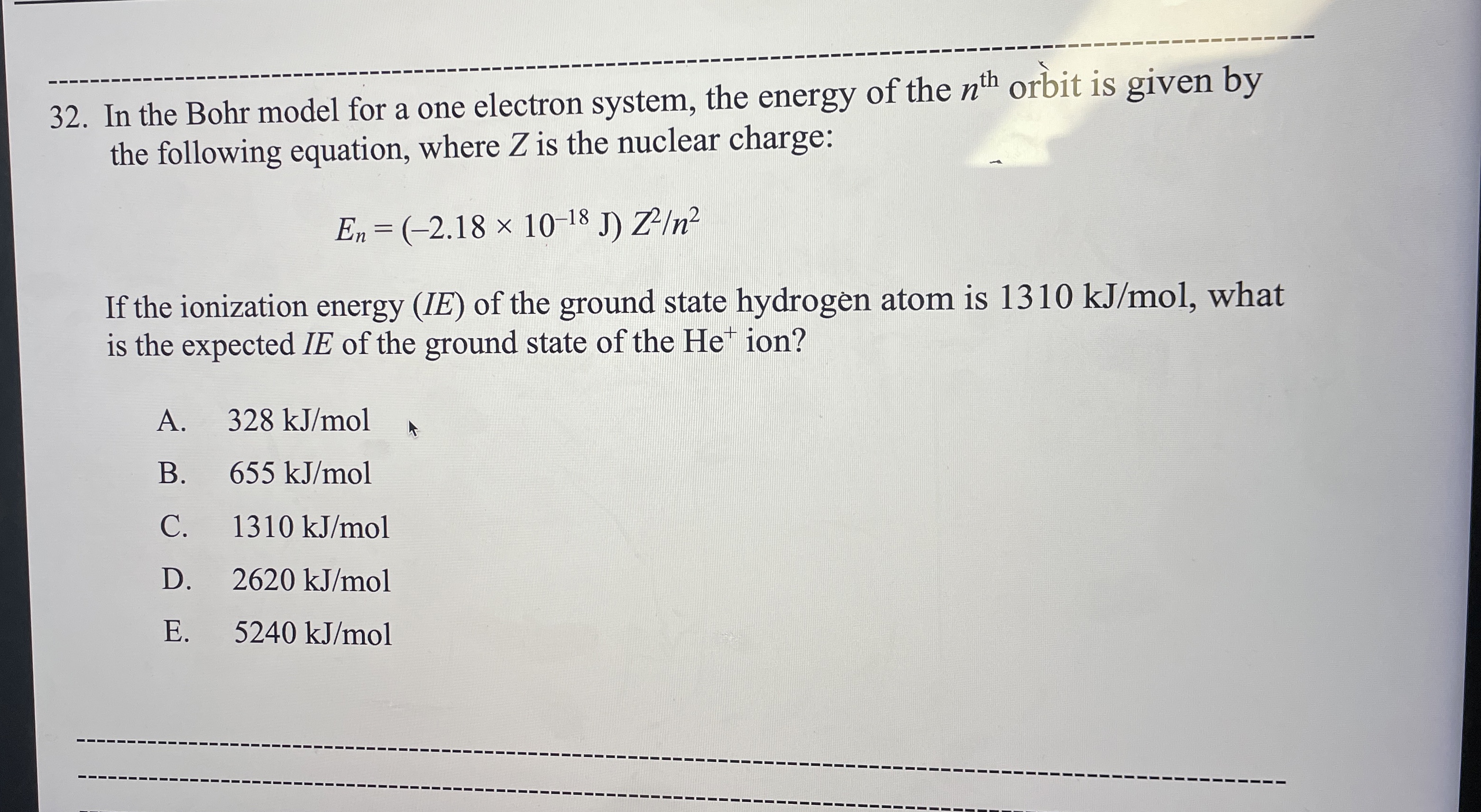 Solved In the Bohr model for a one electron system, the | Chegg.com