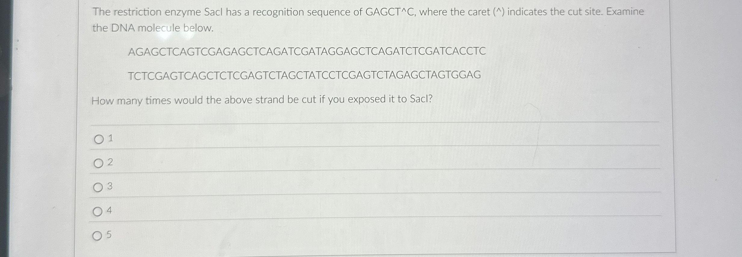 Solved The restriction enzyme Sacl has a recognition | Chegg.com