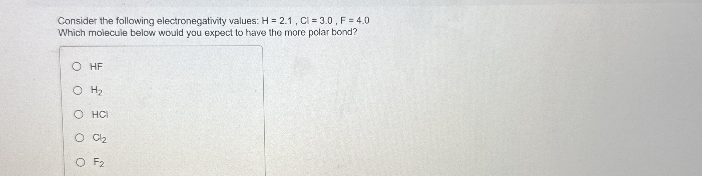 Solved Consider the following electronegativity values: | Chegg.com