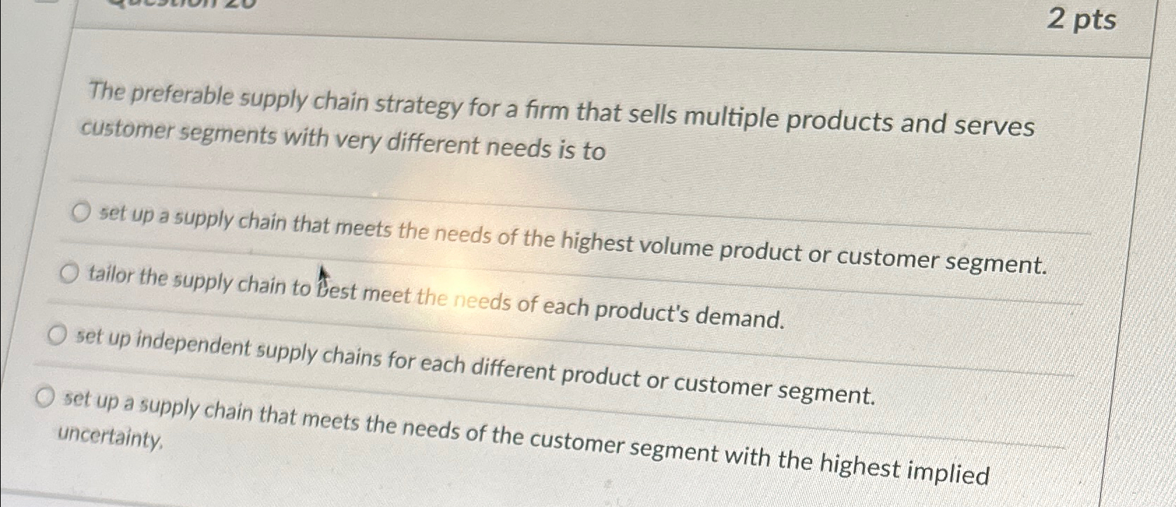 Solved 2 ﻿ptsThe preferable supply chain strategy for a firm | Chegg.com
