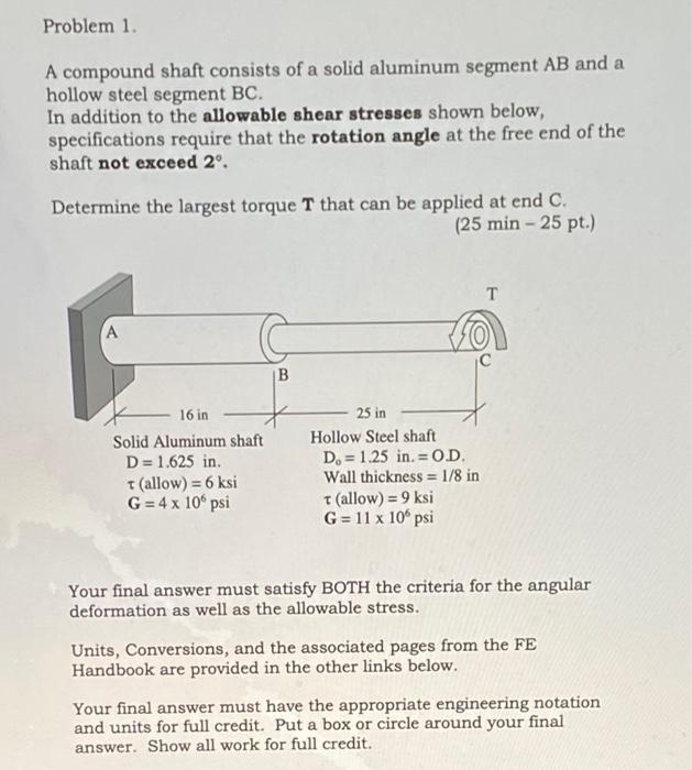 Solved Problem 1. A compound shaft consists of a solid | Chegg.com