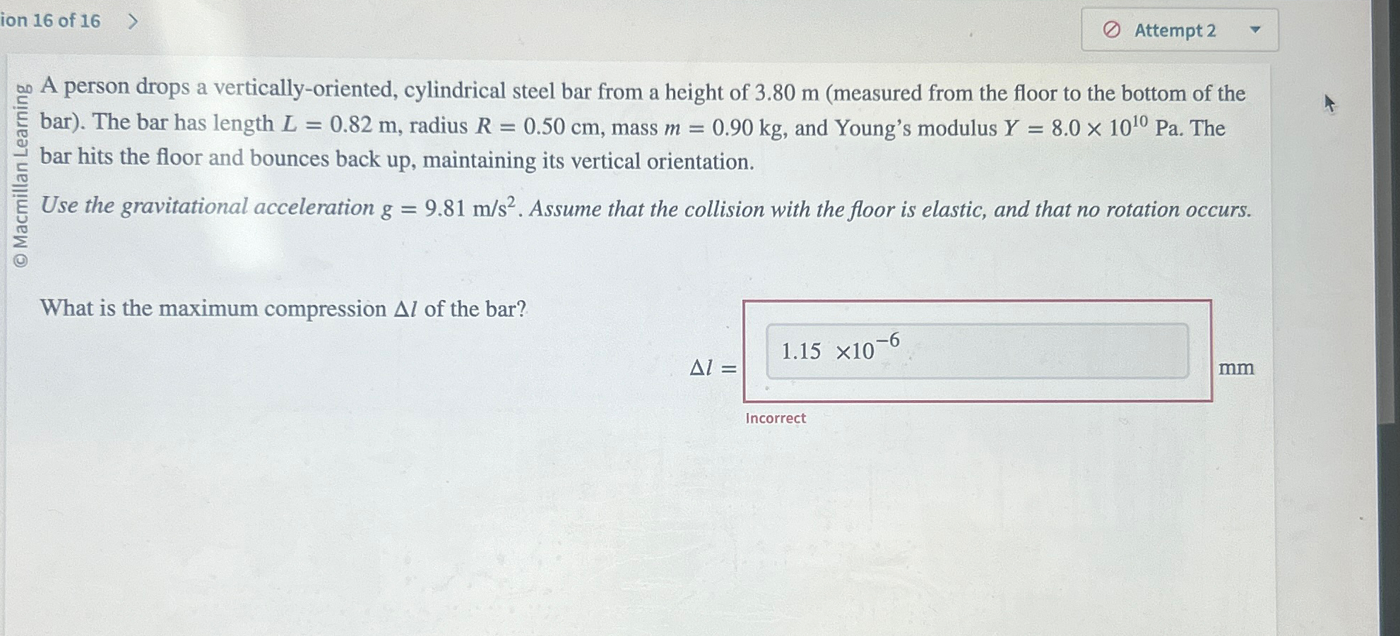 Solved ion 16 ﻿of 16A person drops a vertically-oriented, | Chegg.com