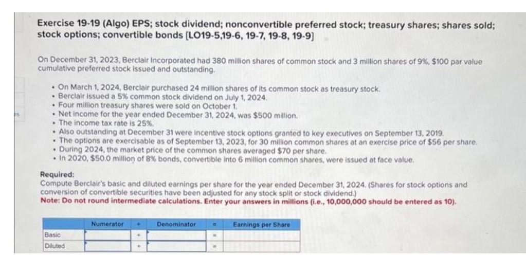 Solved Exercise 19-19 (Algo) EPS; stock dividend; | Chegg.com