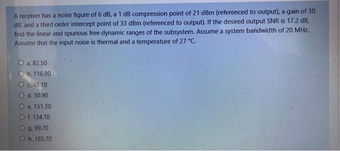 Solved A receiver has a noise figure of 6 dB, a 1 dB | Chegg.com