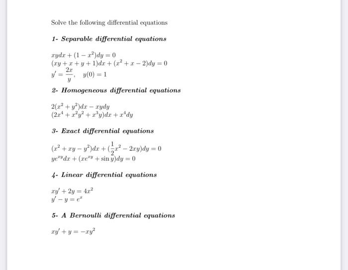 Solved Solve the following differential equations 1- | Chegg.com