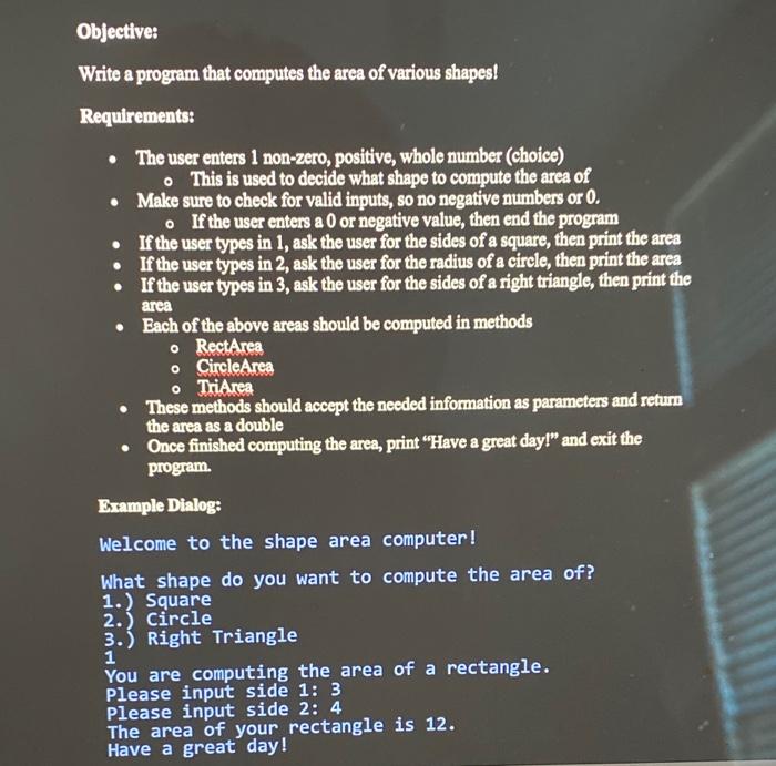 Solved Objectives Write a program that computes the area of | Chegg.com