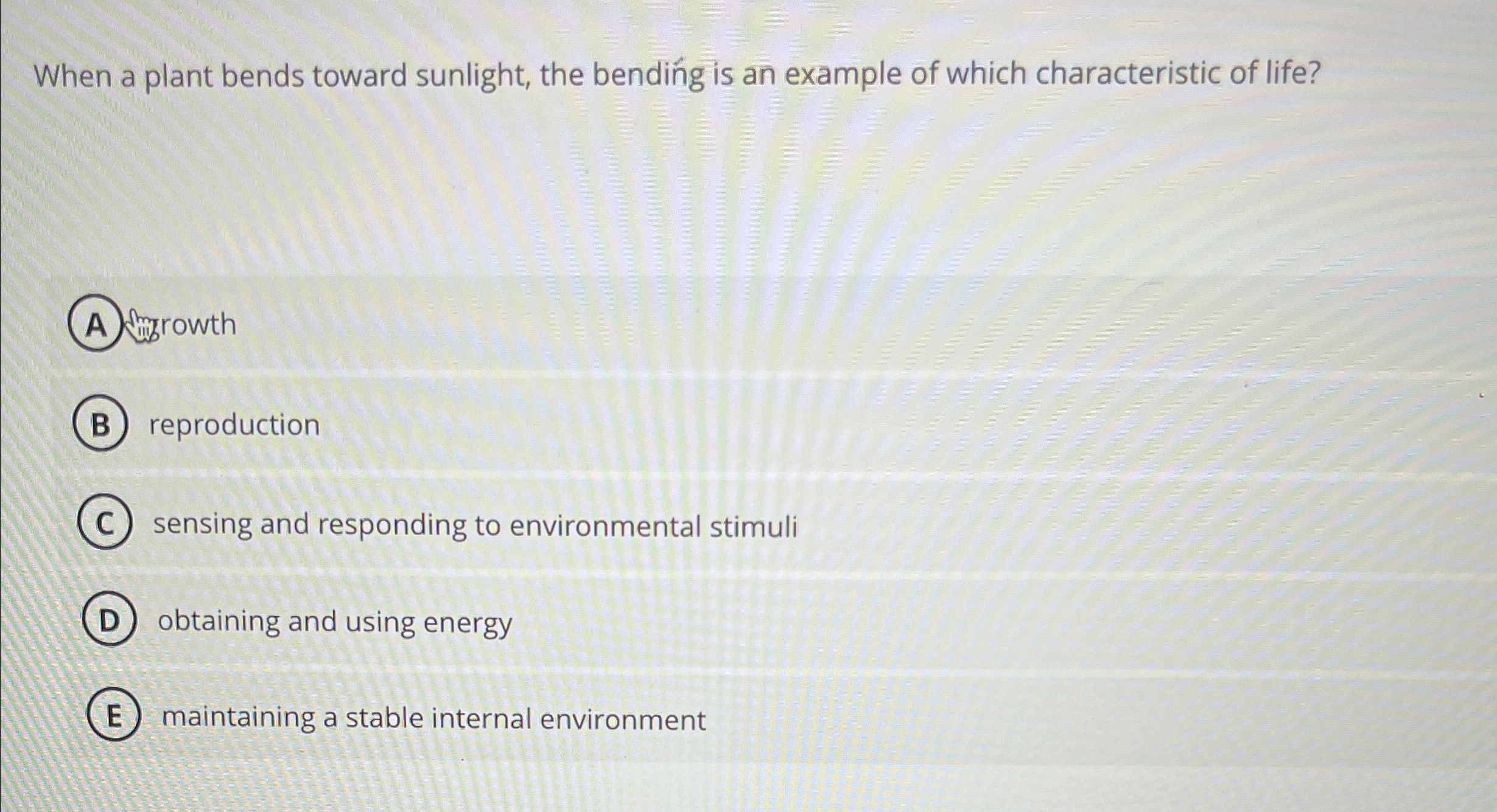 Solved When a plant bends toward sunlight, the bending is an | Chegg.com