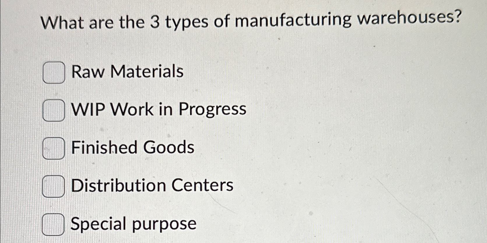 Solved What are the 3 ﻿types of manufacturing warehouses?Raw | Chegg.com