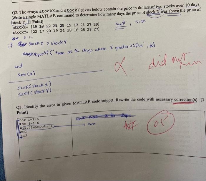 Solved Q2. The arrays stock X and stockY given below contain | Chegg.com