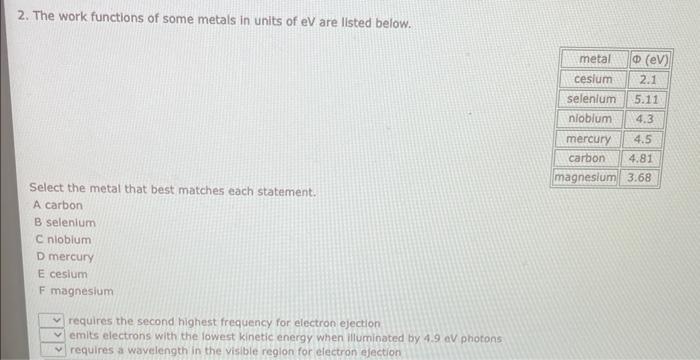 Solved 2. The work functions of some metals in units of eV | Chegg.com