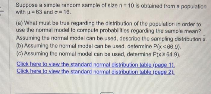 Solved Suppose a simple random sample of size n=10 is | Chegg.com