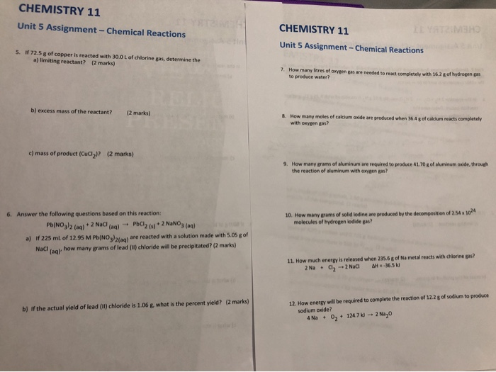 Solved CHEMISTRY 11 IYATMA CHEMISTRY 11 Unit 5 Assignment - | Chegg.com