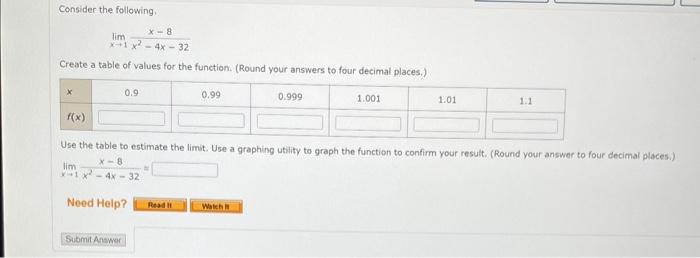 Solved Consider the following. limx→1x2−4x−32x−8 Create a | Chegg.com