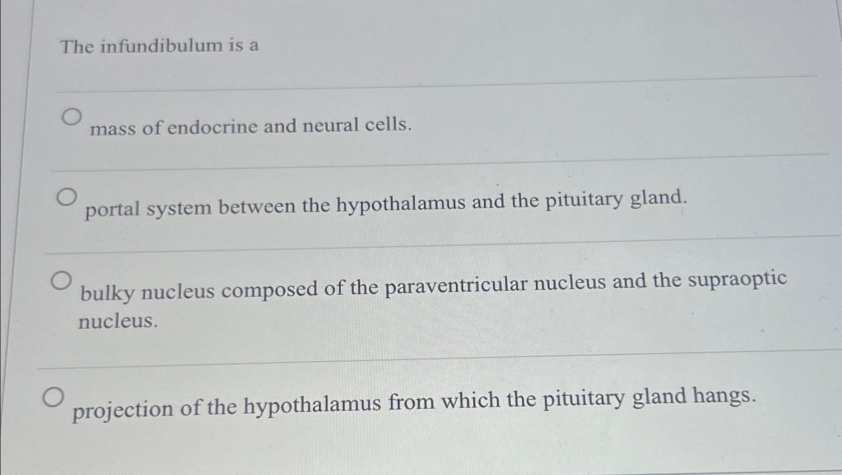Solved The infundibulum is amass of endocrine and neural | Chegg.com