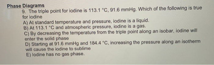 Solved Phase Diagrams 9. The triple point for iodine is | Chegg.com