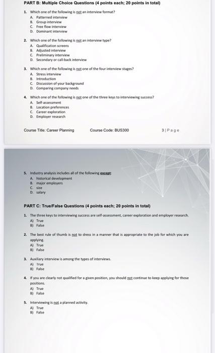 Solved PART B: Multiple Choice Questions (4 points each: 20 | Chegg.com