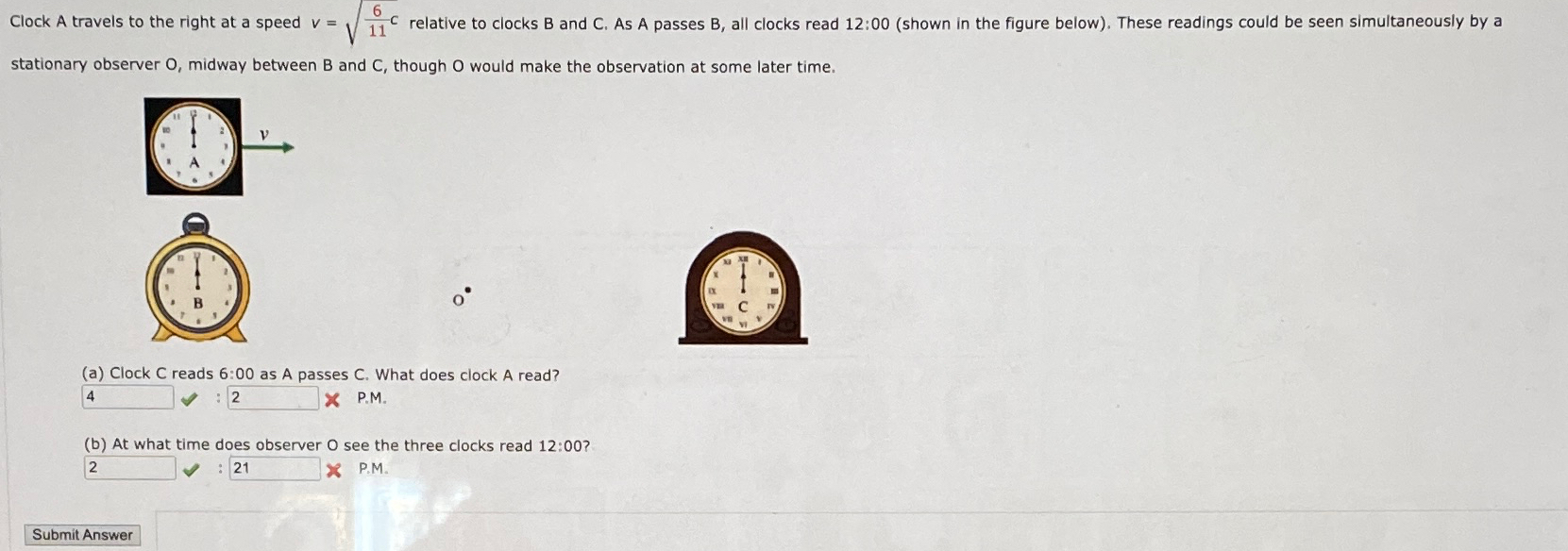 Solved Clock A travels to the right at a speed v=6112 | Chegg.com