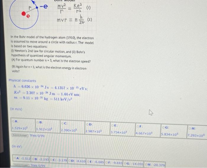 Solved rmv2=r2Ke2mvr=H2πh In the Bohr model of the hydrogen | Chegg.com