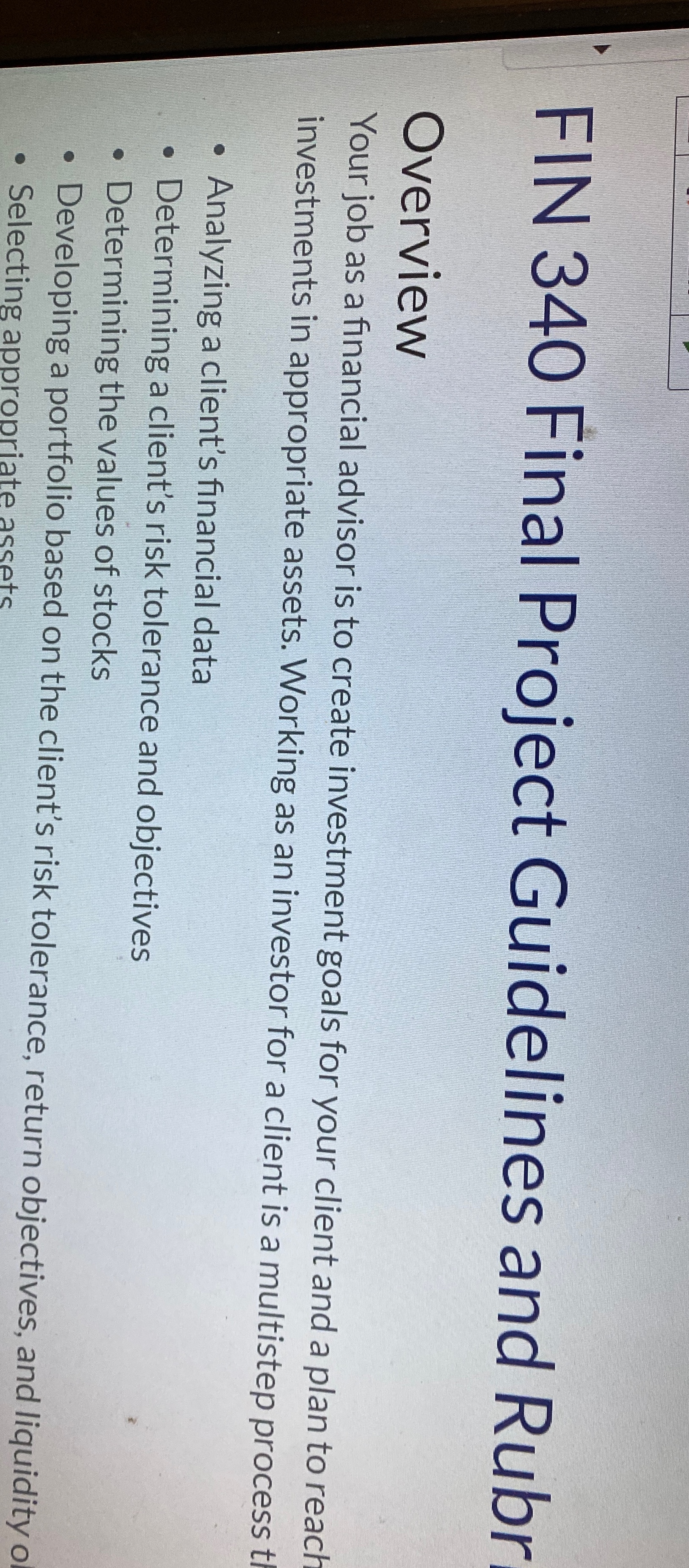 Solved FIN 340 ﻿Final Project Guidelines and | Chegg.com