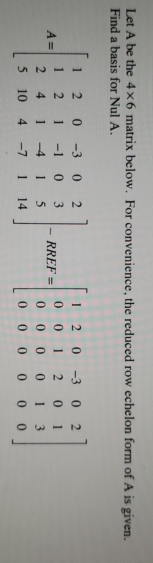 Solved Let A be the 4x6 matrix below. For convenience, the | Chegg.com