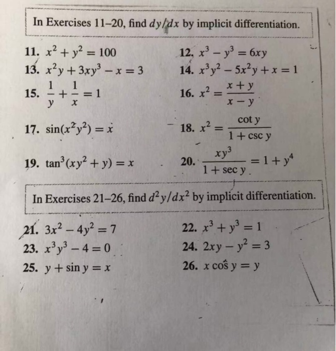 Solved In Exercises 11-20, find dy/dx by implicit | Chegg.com