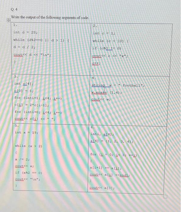 Solved Q.4 Write the output of the following segments of | Chegg.com