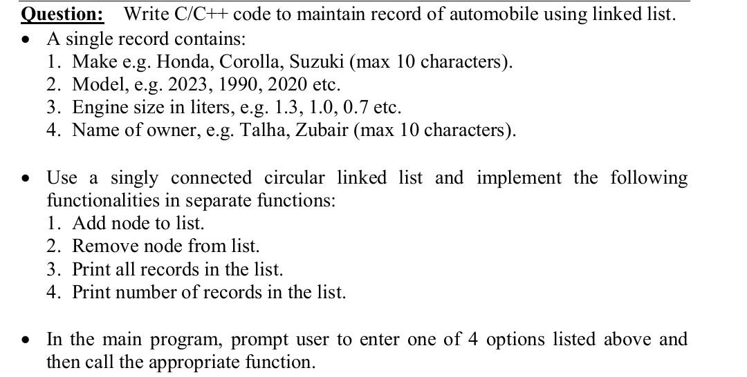 Solved Question: Write C/C++ code to maintain record of | Chegg.com