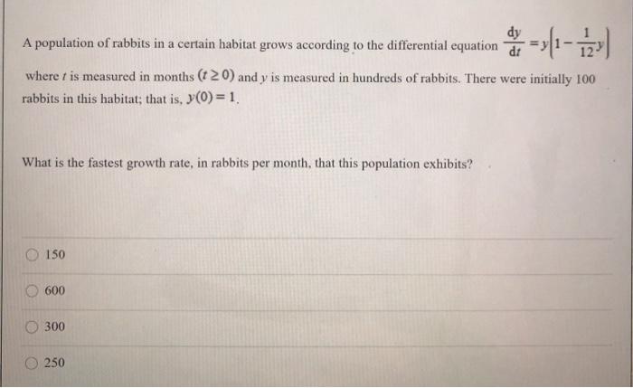 Solved dy A population of rabbits in a certain habitat grows | Chegg.com