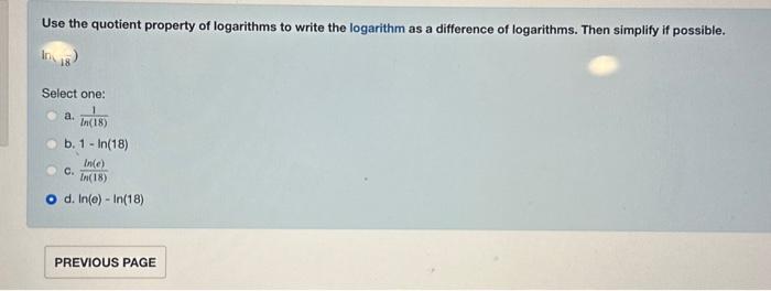 Solved Use the quotient property of logarithms to write the | Chegg.com