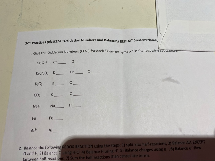 Solved GC1 Practice Quiz #17A "Oxidation Numbers and | Chegg.com