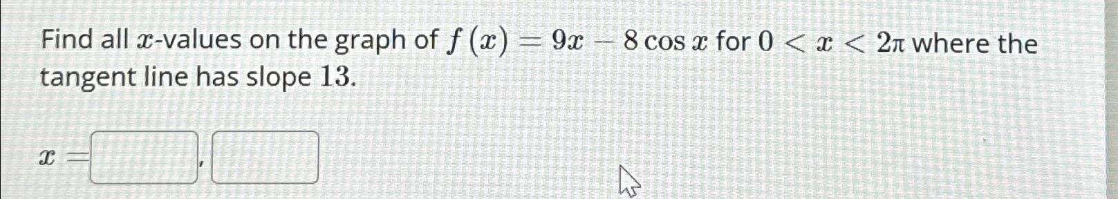 Solved Find all x-values on the graph of f(x)=9x-8cosx ﻿for | Chegg.com