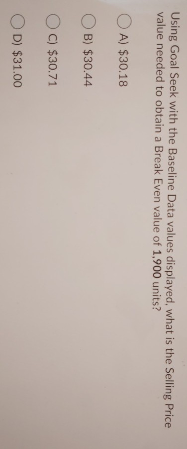 Solved Using Goal Seek with the Baseline Data values | Chegg.com